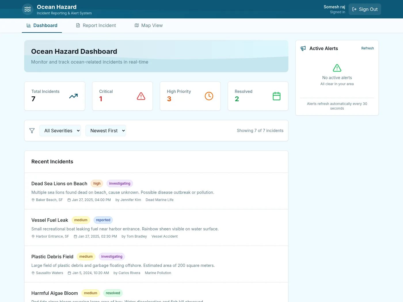 Ocean Hazard Incident Reporting & Alert Dashboard