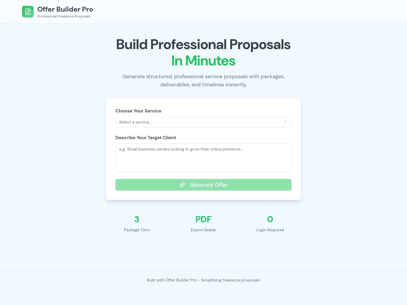 Offer Builder Pro - One-Page Freelance Proposal Generator
