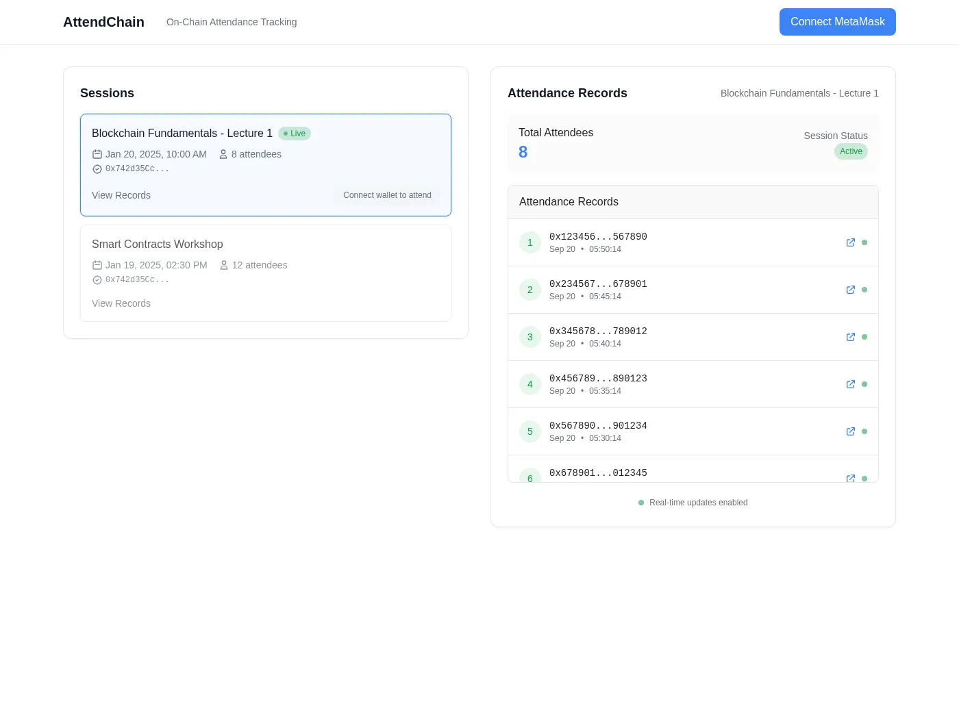 On-Chain Attendance dApp Prototype with MetaMask Integration