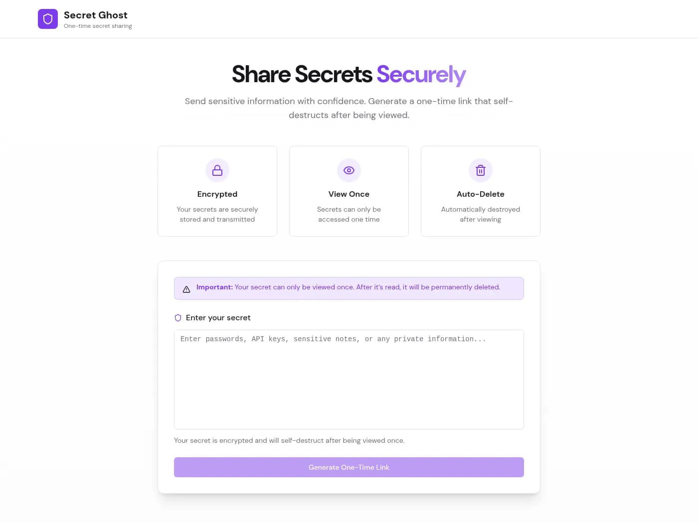 One-Time Secure Secret Sharing App