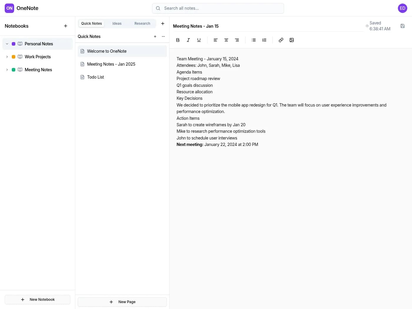 OneNote Web App Clone