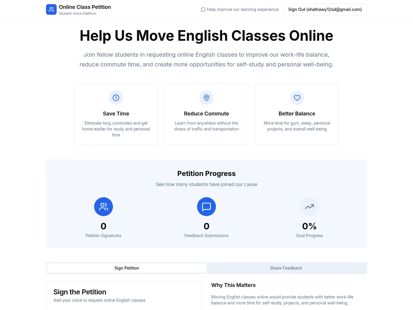 Online English Class Feedback & Petition Platform