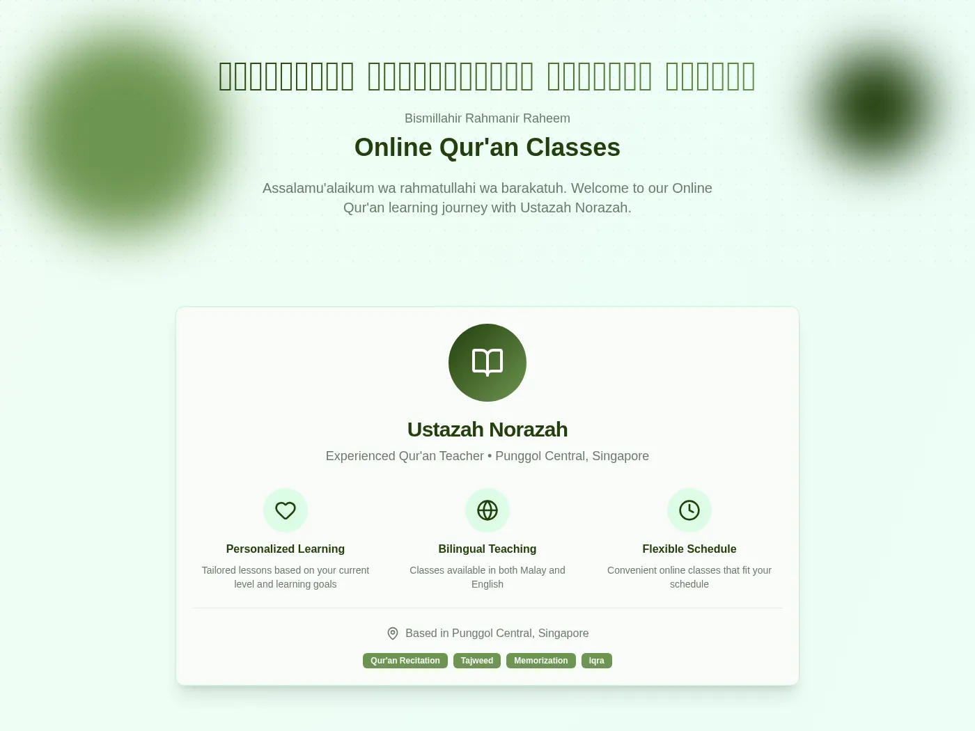 Online Qur’an Class Registration Landing Page for Ustazah Norazah