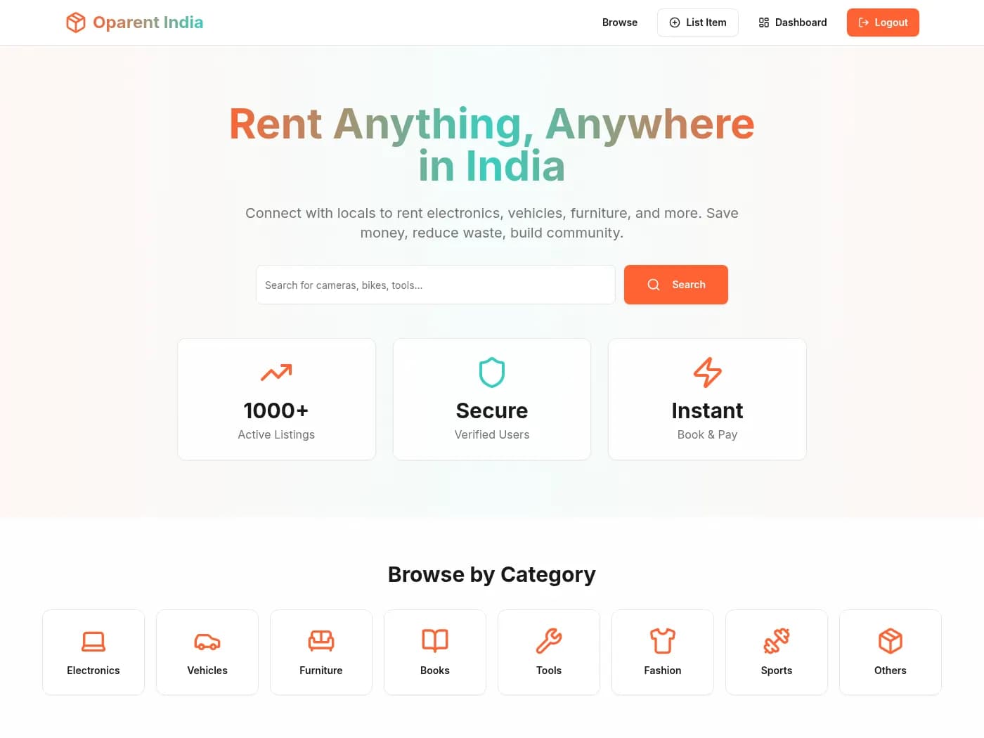 Oparent India: All-in-One Peer-to-Peer Local Rental Platform for India (Web & Mobile)