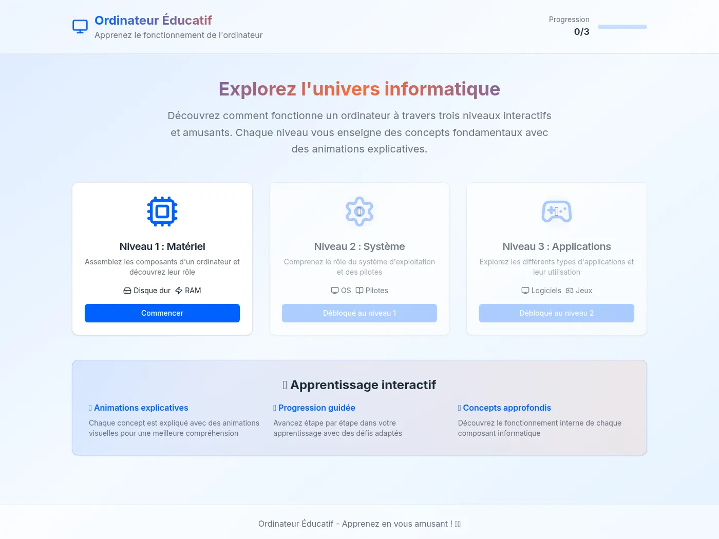 Ordinateur Éducatif : Jeu Interactif d’Apprentissage Informatique en Français