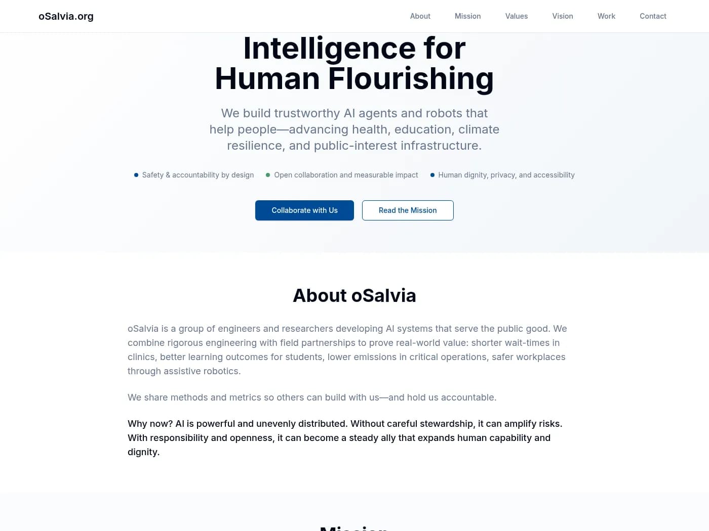 oSalvia.org — Trustworthy AI Agents & Robots Landing Page
