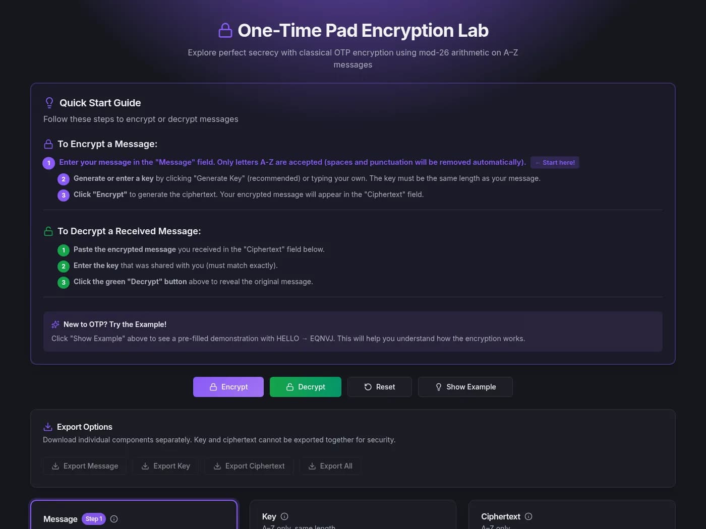 One-Time Pad (OTP) Encryption Lab – an Interactive Educational Web App