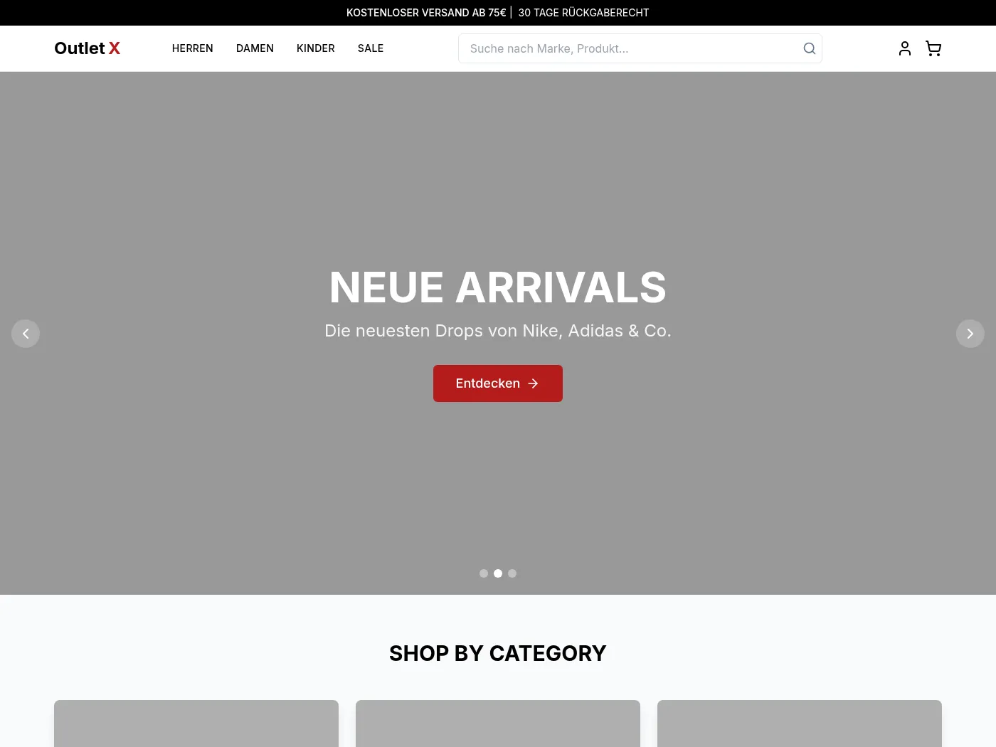 OutletX E-Commerce Webseite mit Snipes-Style für Dua Mall, Struga