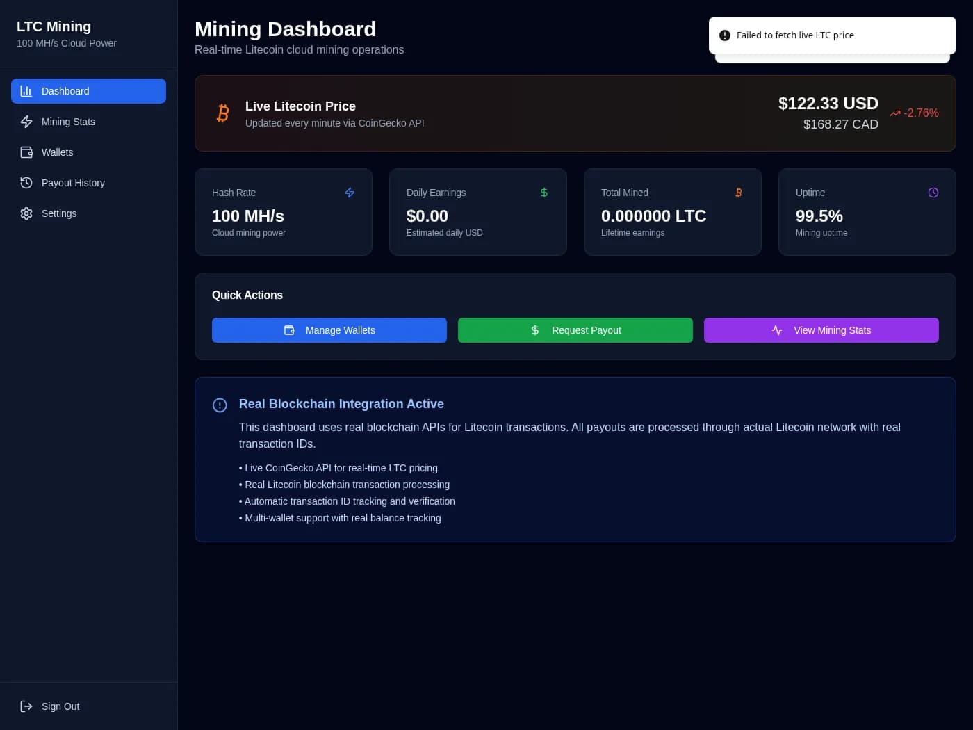 Owner-Only Litecoin Cloud Mining Dashboard