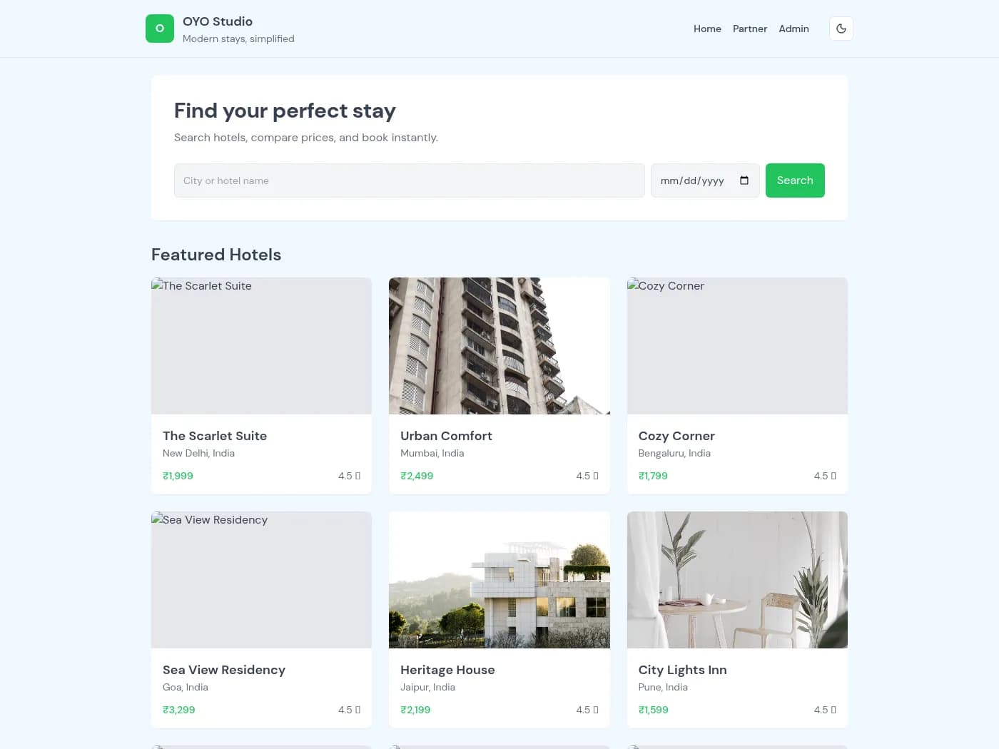 OYO-Inspired Modern Hotel Booking Platform with Admin & Partner Panels