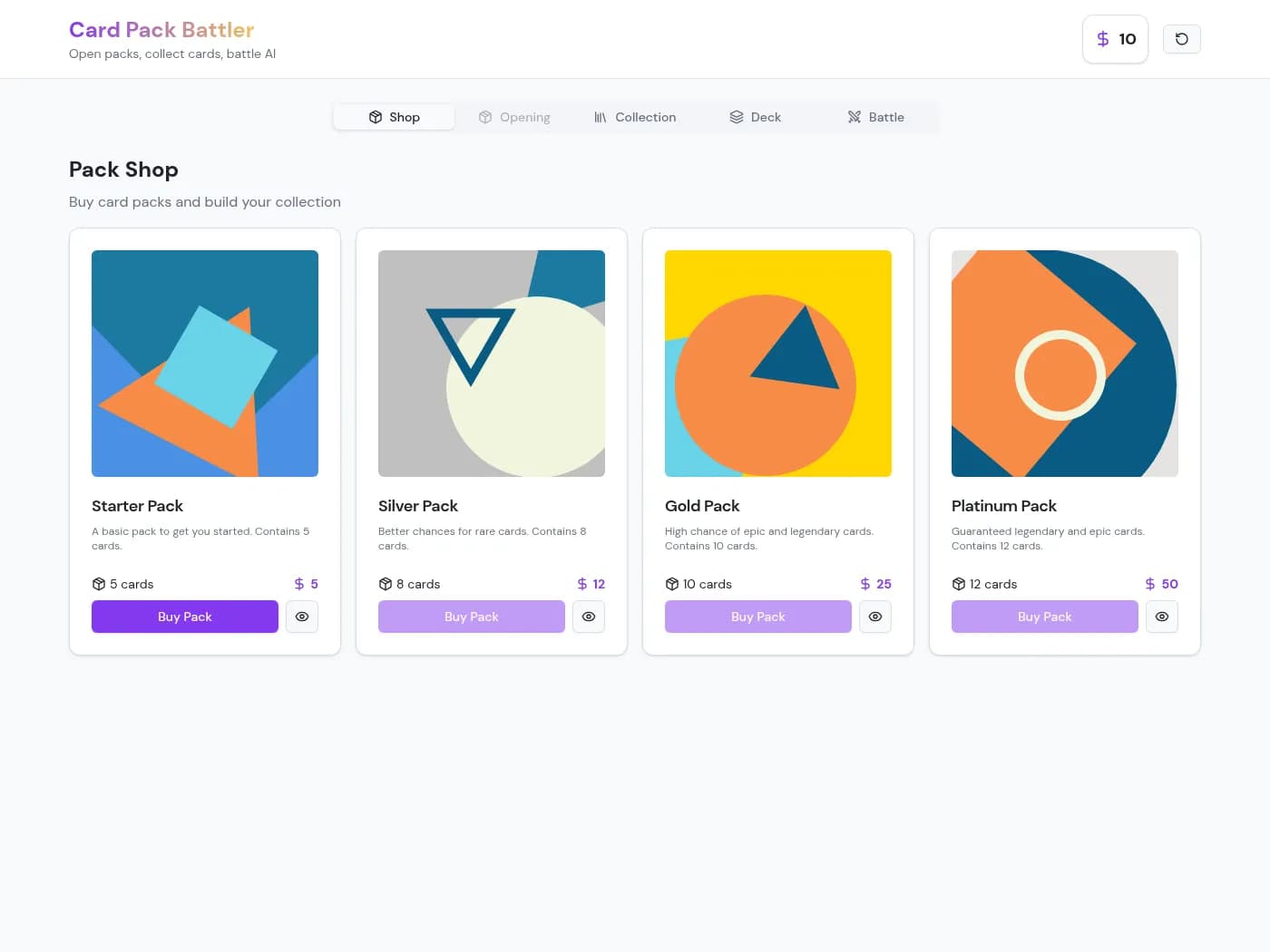 Pack Opening Card Game Web Platform