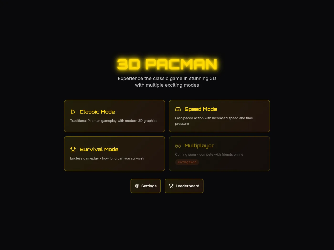 Pacman 3D Webgame mit Hauptmenü und Mehreren Spielmodi