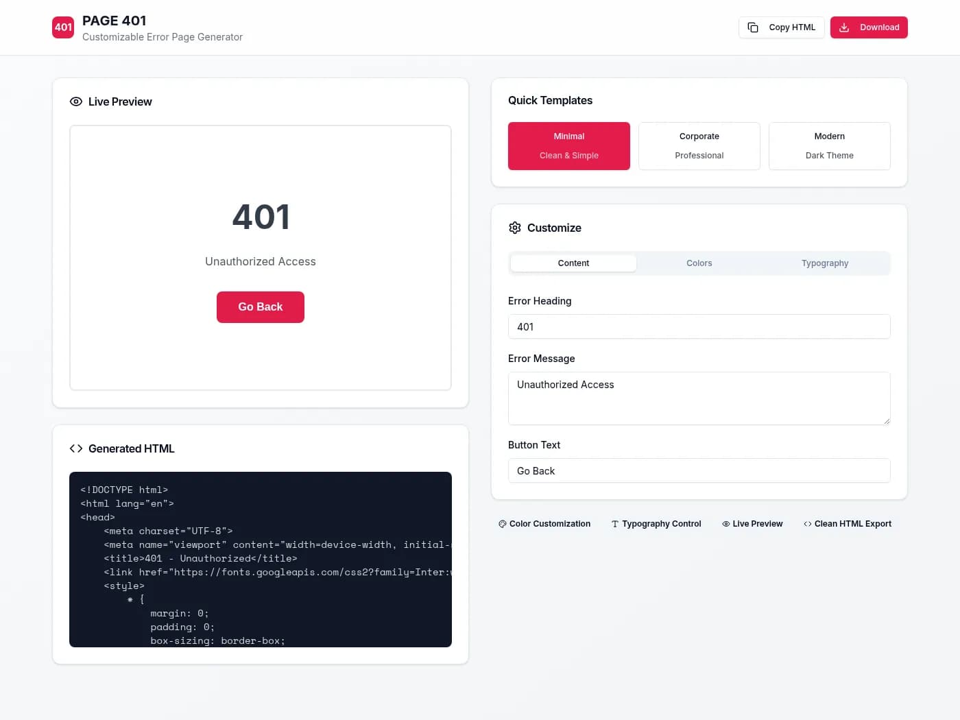 PAGE 401 – Customizable 401 Error Page Generator