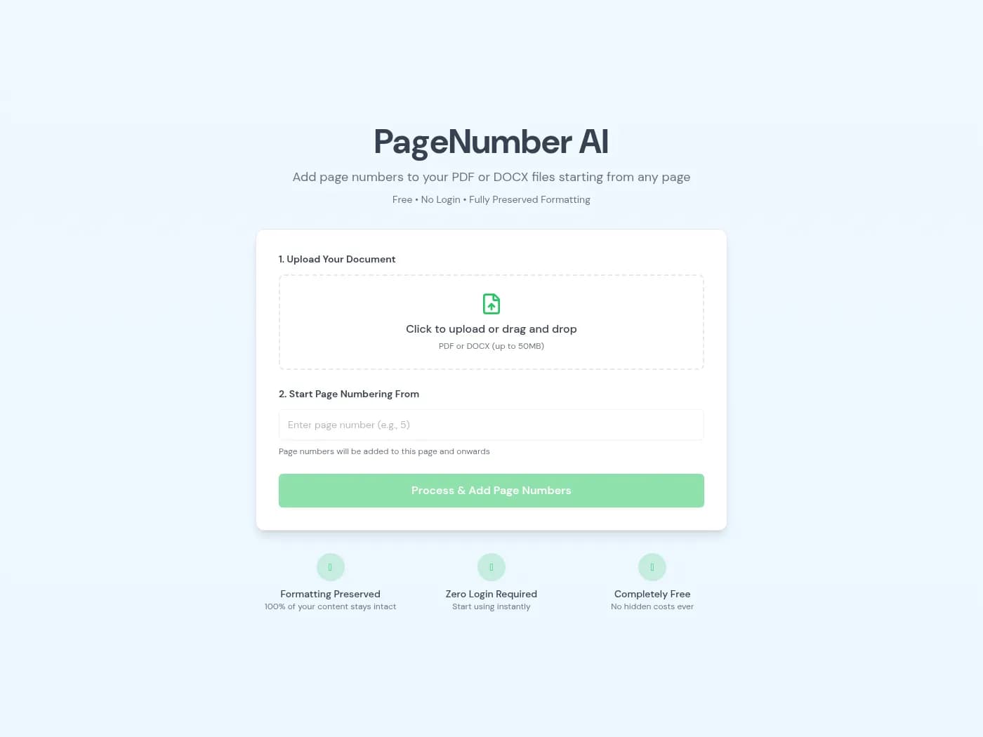 PageNumber AI – Effortless Page Numbering for Any Document, Free & No Login