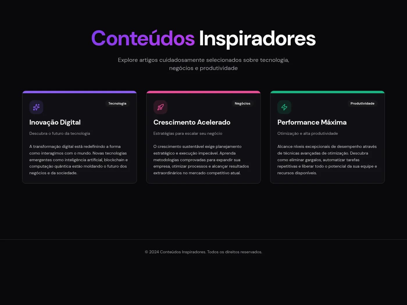 Página de Cards com Três Conteúdos