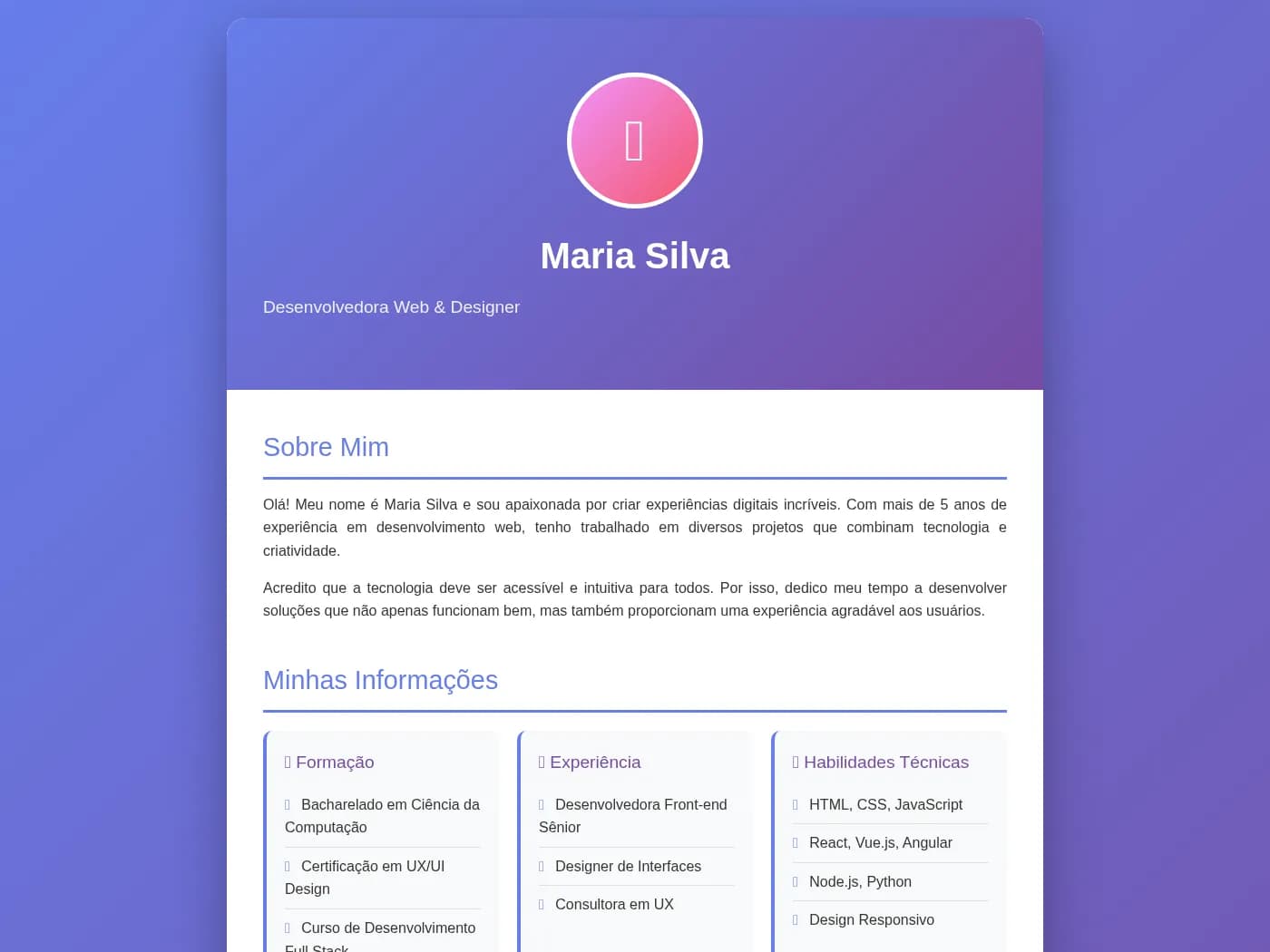 Página Sobre Mim em HTML
