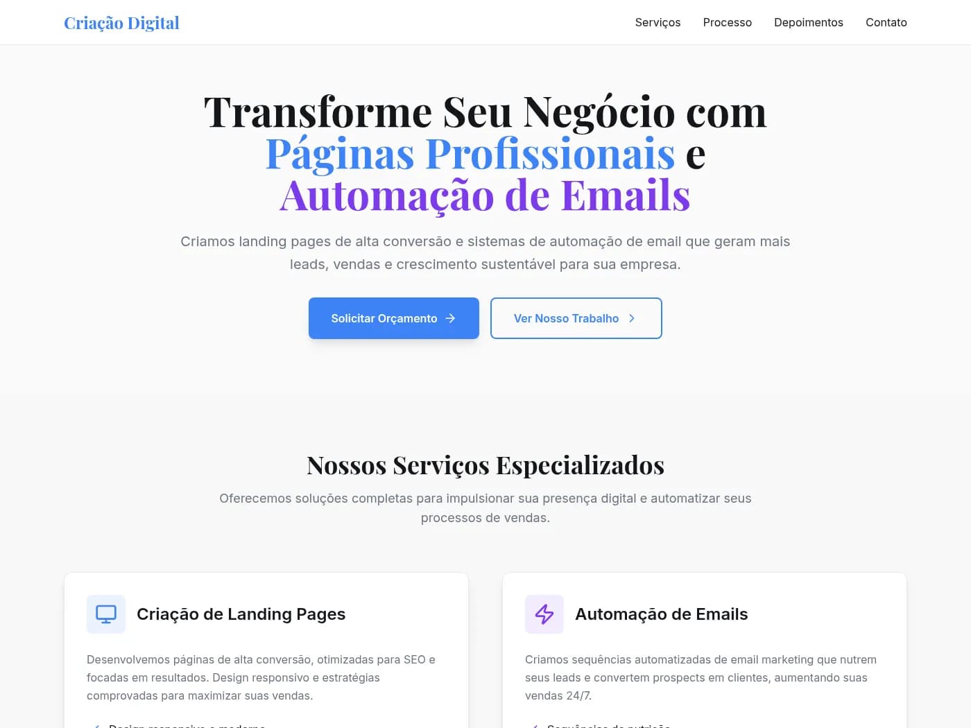 Landing Page para Agência de Criação de Páginas e Automação de Emails