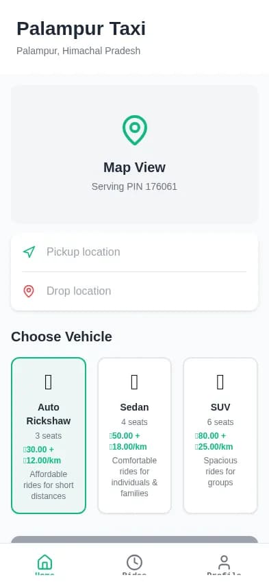 Palampur Taxi - Uber-Style Ride-Sharing App for 176061, India