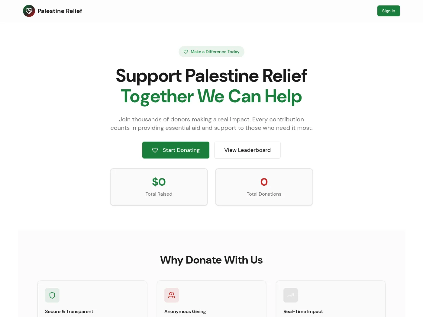 Palestine Donation Platform with Anonymous Leaderboard