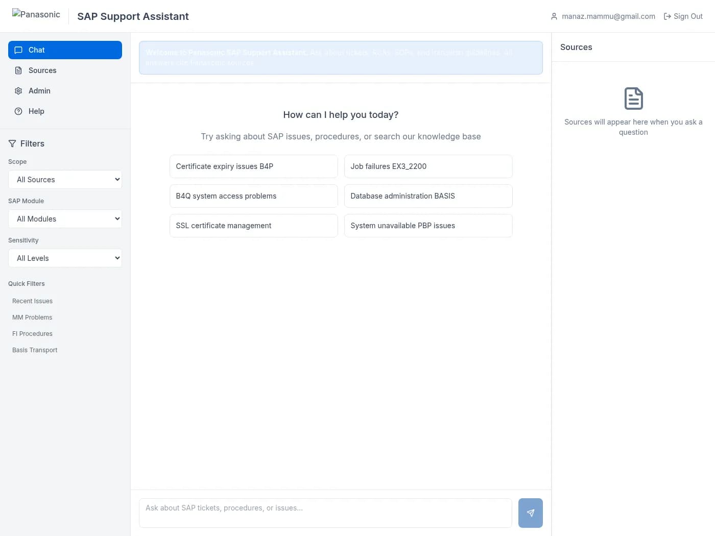 Panasonic SAP Support Assistant – AI-powered Knowledge Base & Chat for SAP Support