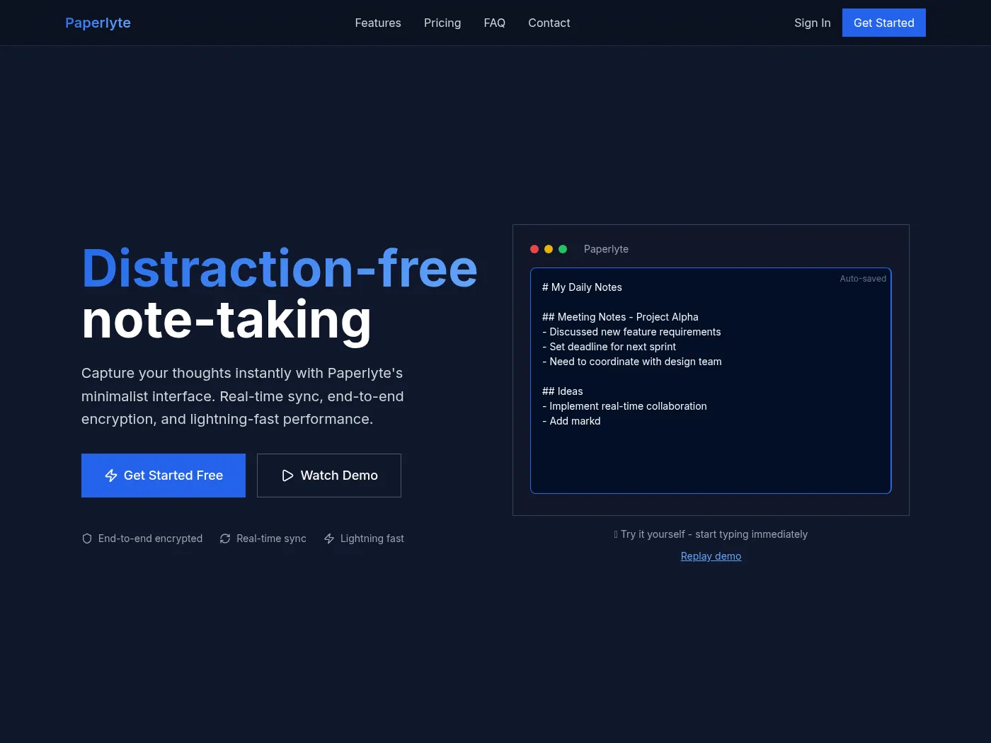 Paperlyte Landing Page – Minimalist, Distraction-Free Note-Taking Showcase