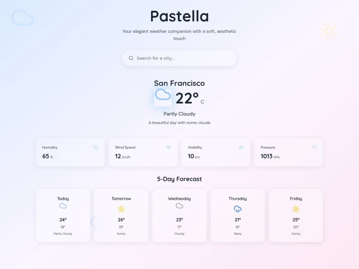 Pastella – Elegant Pastel-Theme Weather Web App (Pure HTML & CSS Visuals)