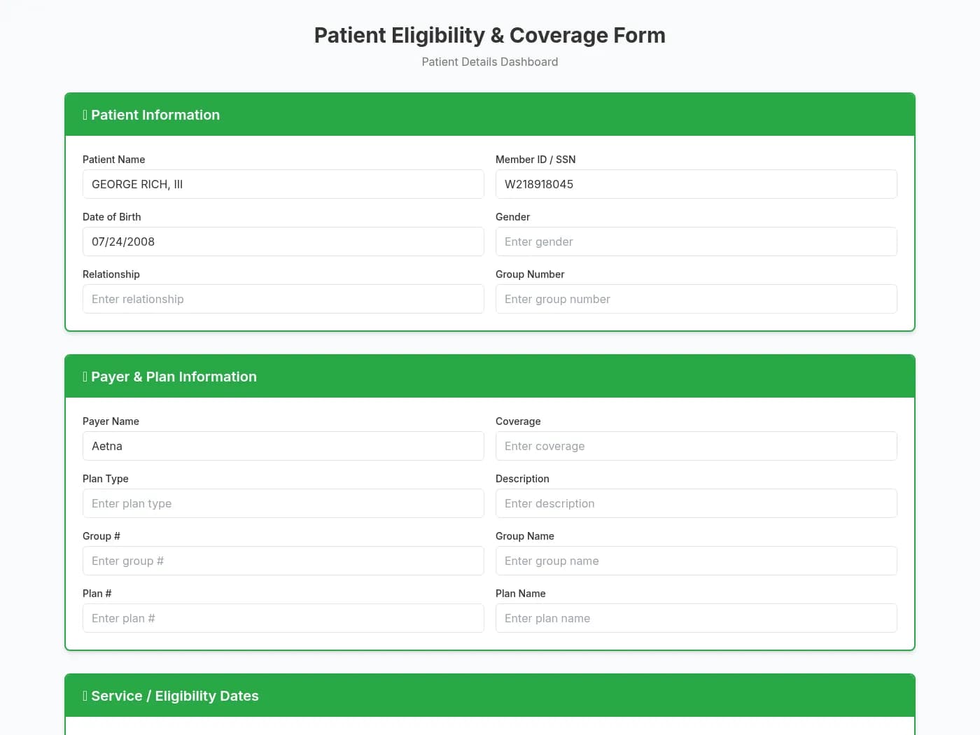 Patient Eligibility & Coverage Form Web Dashboard
