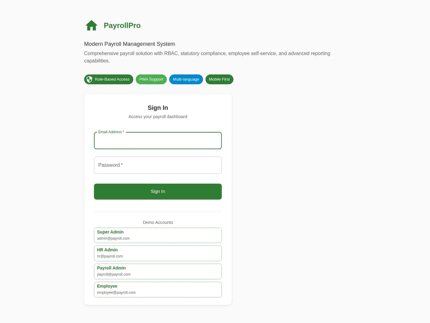 Modern Payroll System Frontend (PWA, RBAC, Reporting, Employee Portal)