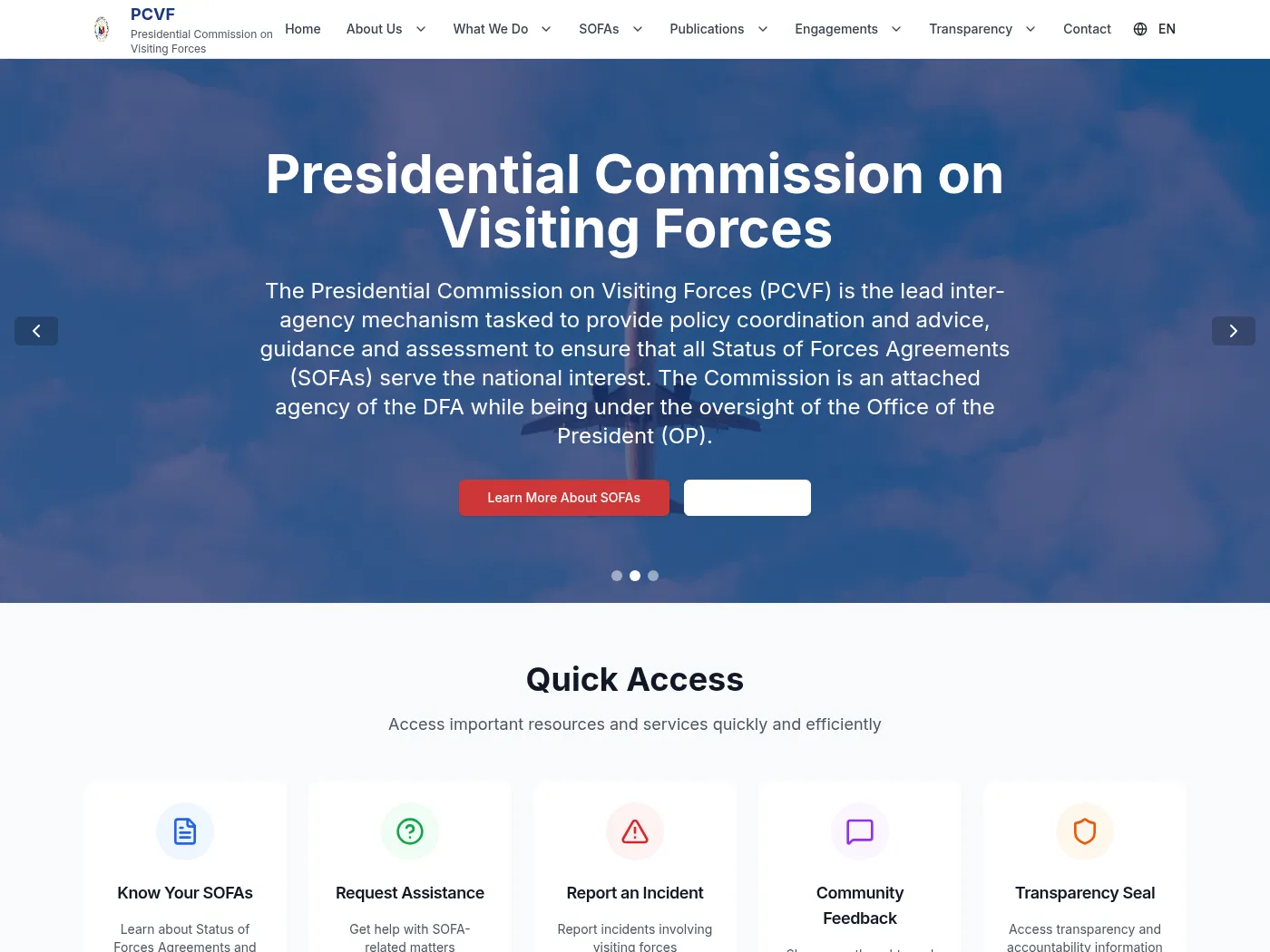 PCVF Agency Website with Sticky Navigation, Hero Mission Statement, and Interactive SOFA Resources