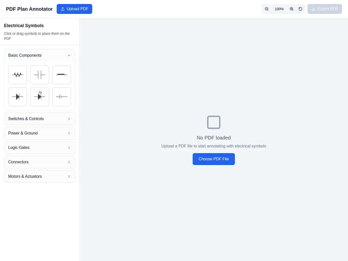 PDF Plan Annotator with Customizable Electrical Symbols