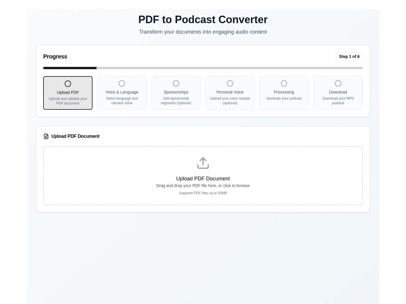 PDF to Podcast Web App with Advanced Customization and Voice Integration