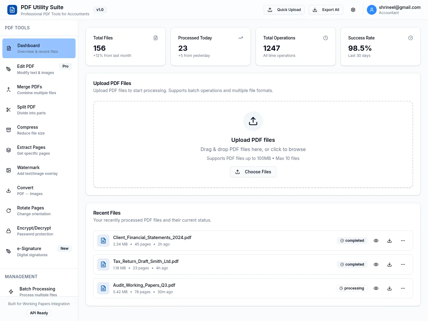 PDF Utility Suite for Accountants – Web App & API Integration for Working Papers