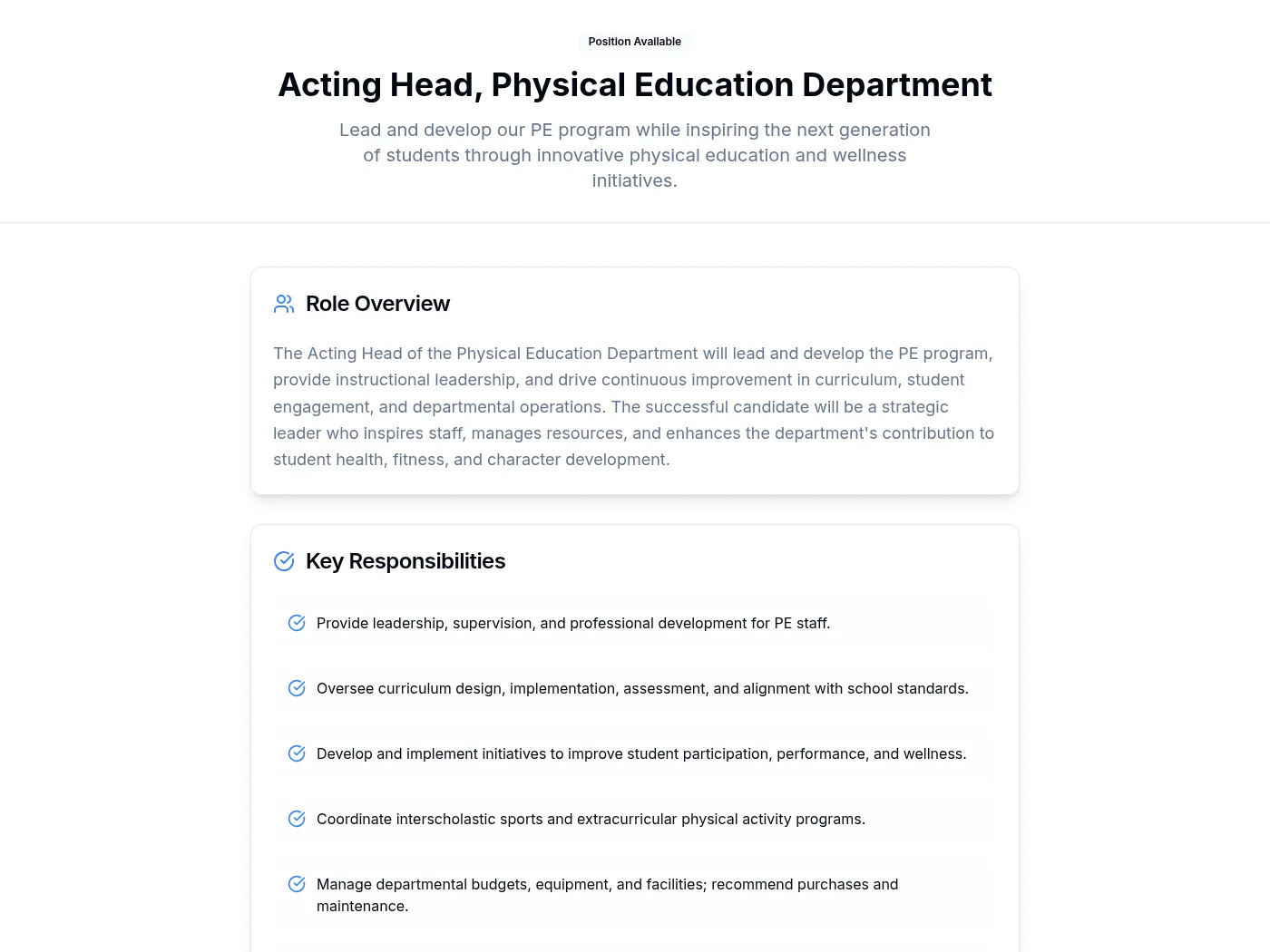 Physical Education Department Head Recruitment Announcement Portal