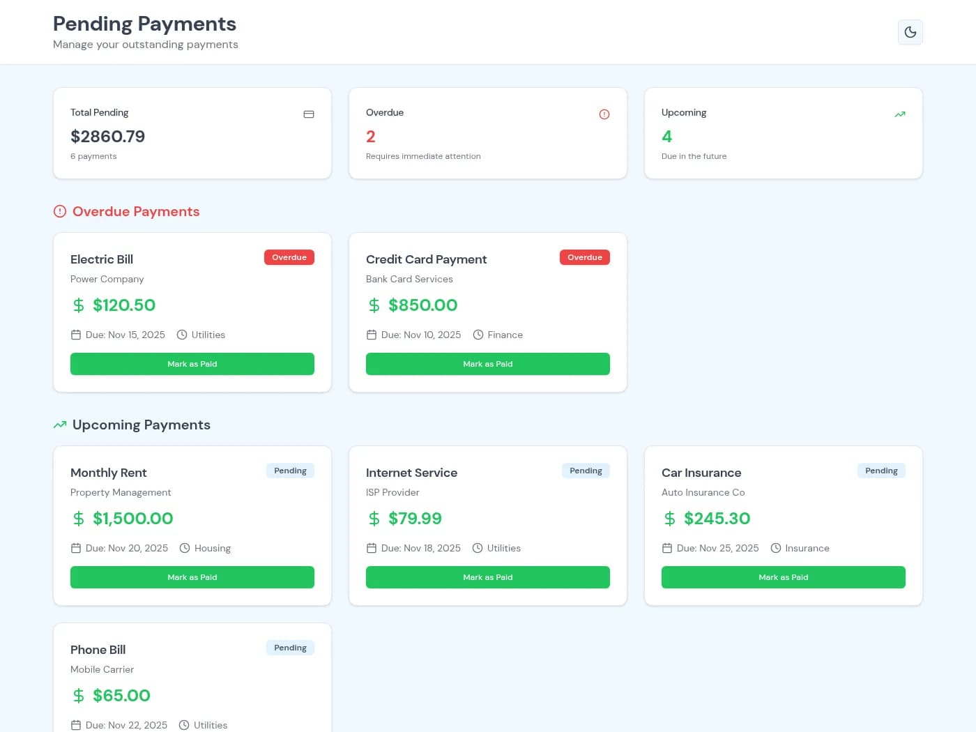 Modern Pending Payments Dashboard with Dark/Light Mode