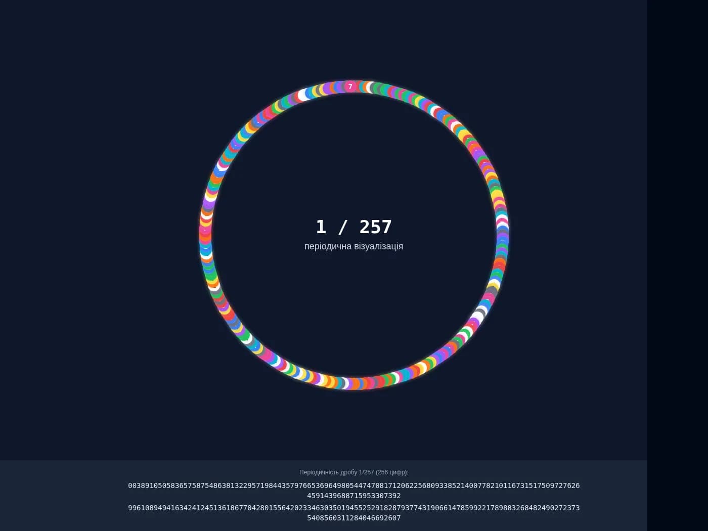 Візуалізатор періодичного дробу 1/257 у вигляді кольорового кола
