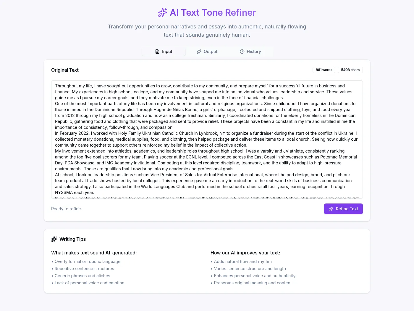 Personal Narrative AI Text Tone Refiner