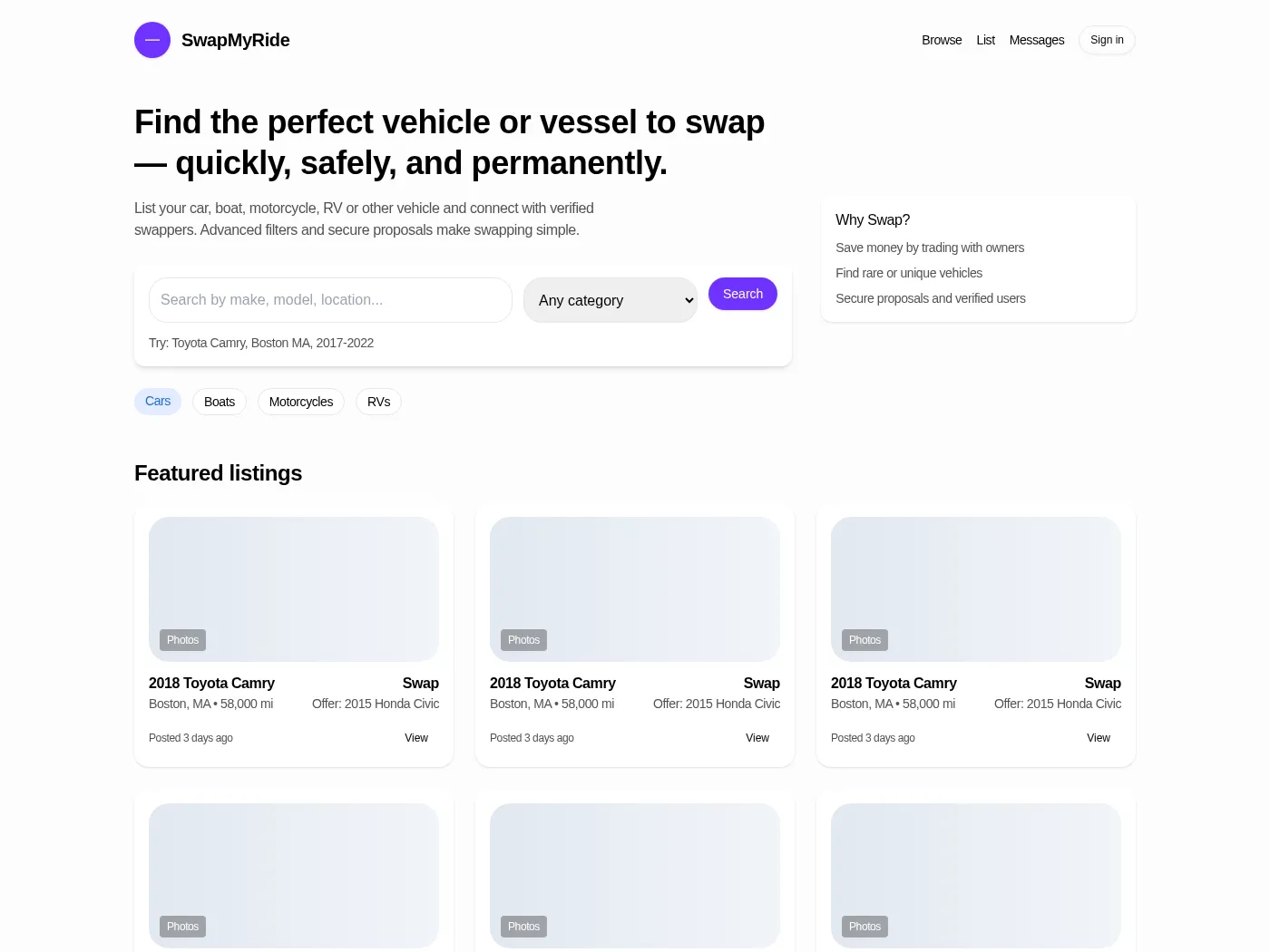 SwapMyRide: Personal Vehicle and Vessel Exchange Platform
