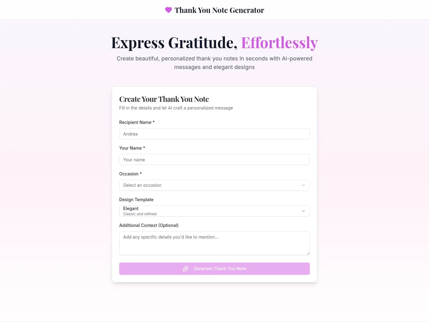 Personalized Digital Thank You Note Generator