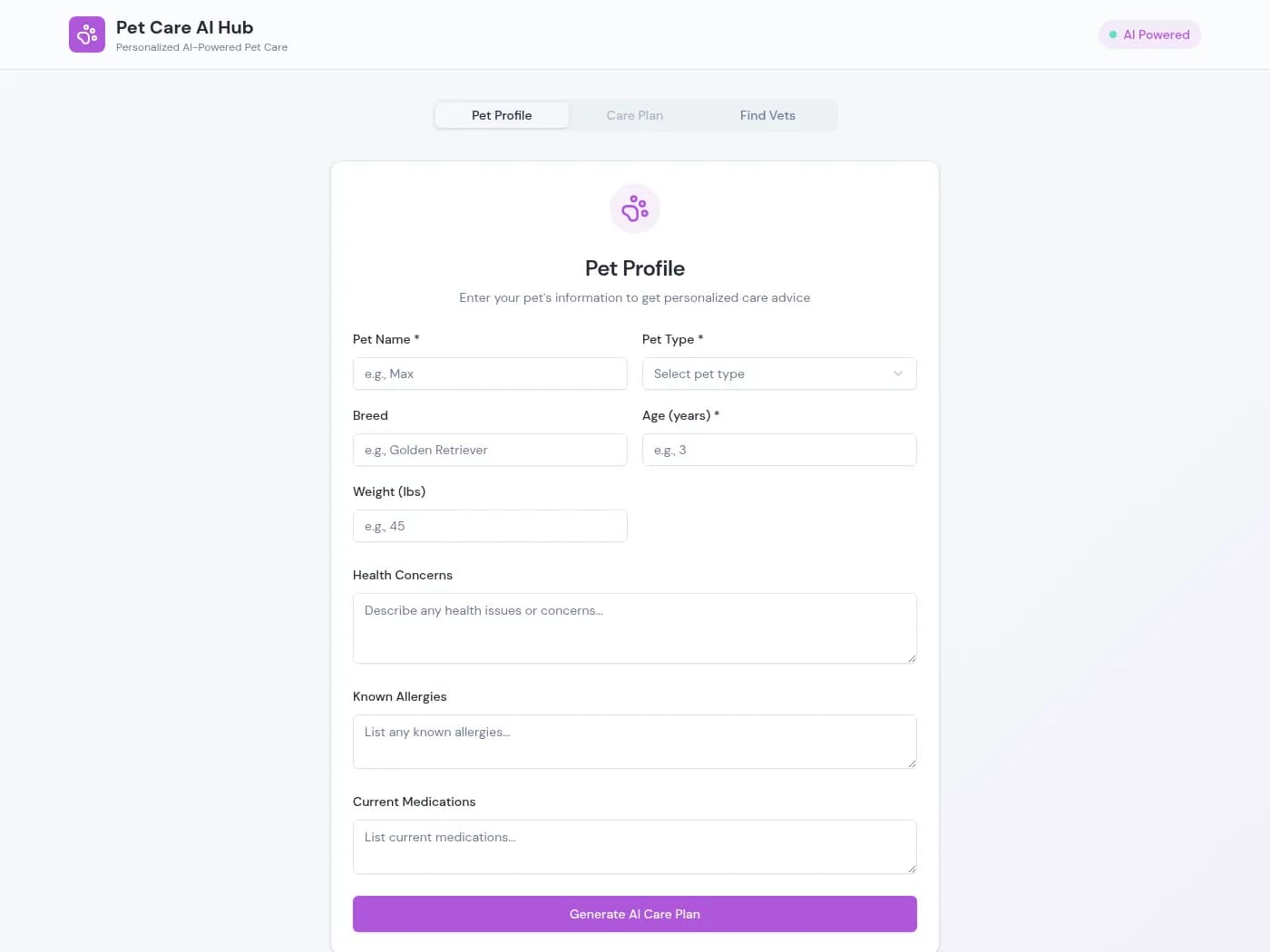 Pet Care AI Hub: Personalized Advice & Vet Connect
