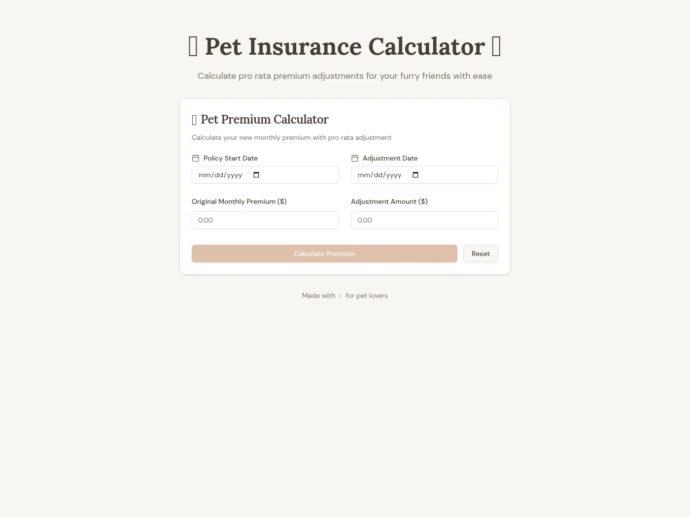 Cat & Dog Themed Pro Rata Premium Calculator