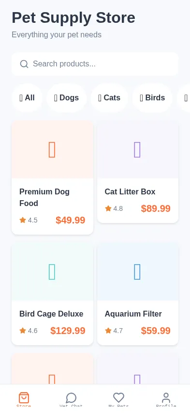 Pet Supply Store & Vet Chat Mobile App