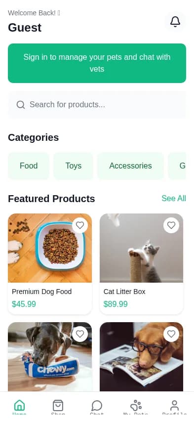 Pet Supply Store & Veterinary Chat Mobile App