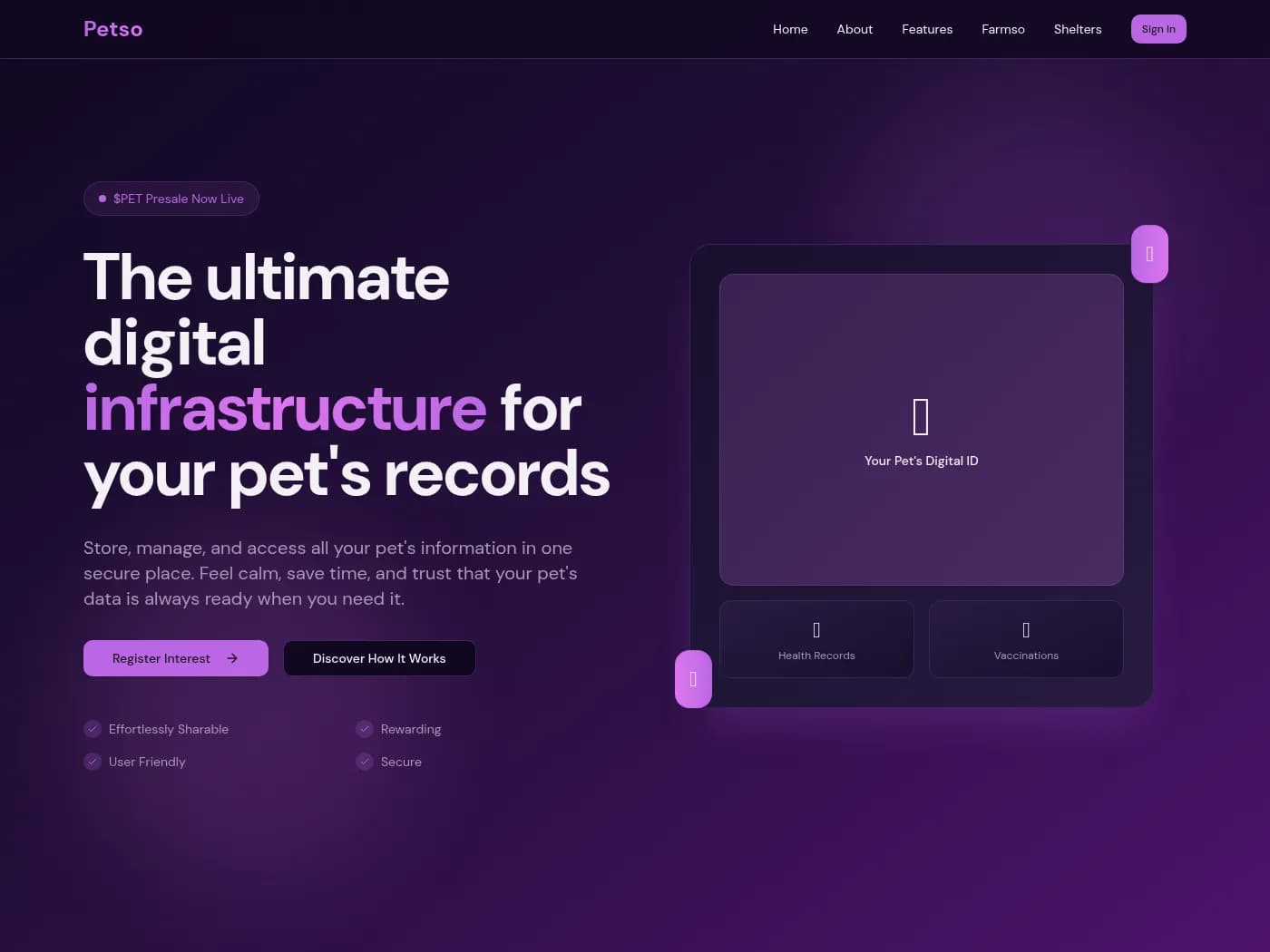 Petso.io Reimagined - Lilac/Dark Themed Pet NFT Platform