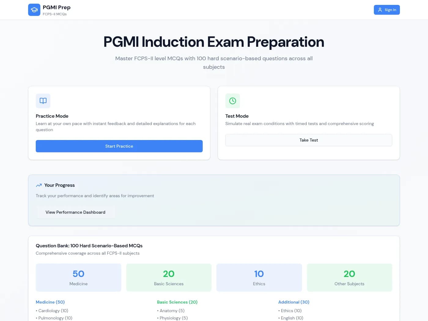 PGMI Induction MCQs Practice App for FCPS-II