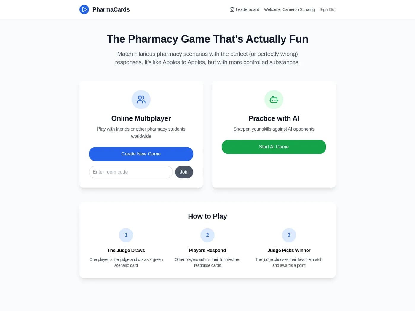 PharmaCards: Multiplayer Pharmacy-Themed Apples to Apples Game