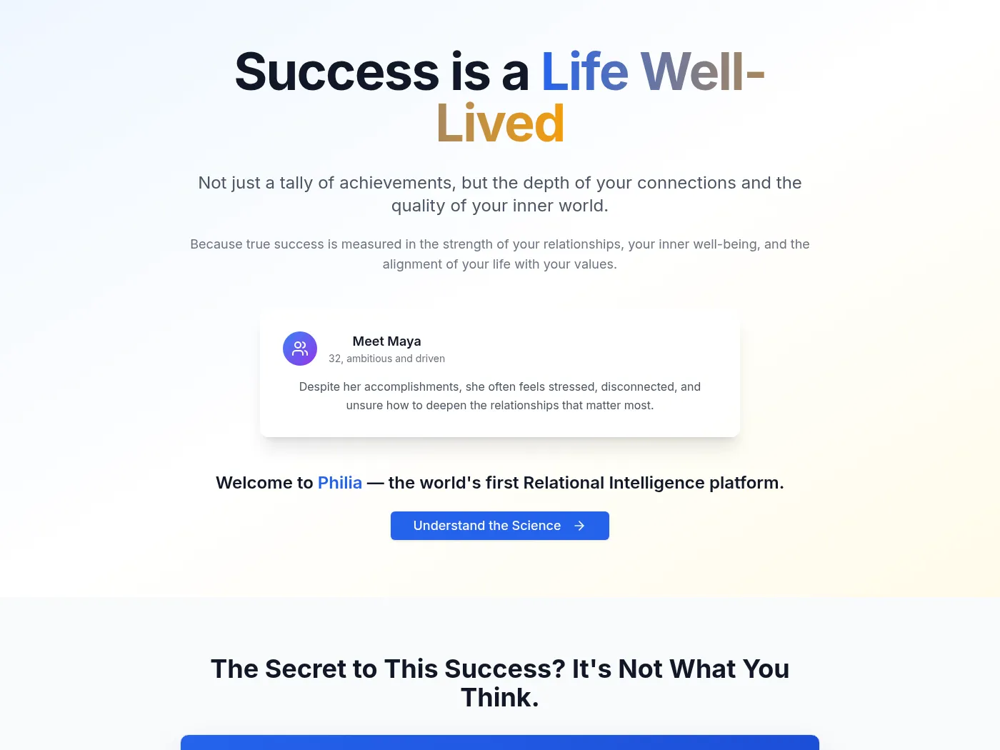 Philia Life Waitlist Landing Page for Relational Intelligence Platform