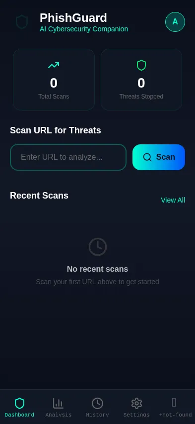 PhishGuard: Futuristic AI-Powered Cybersecurity Mobile App UI
