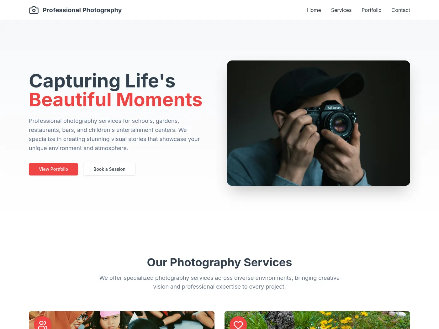 Photographer Services Website for Businesses & Events