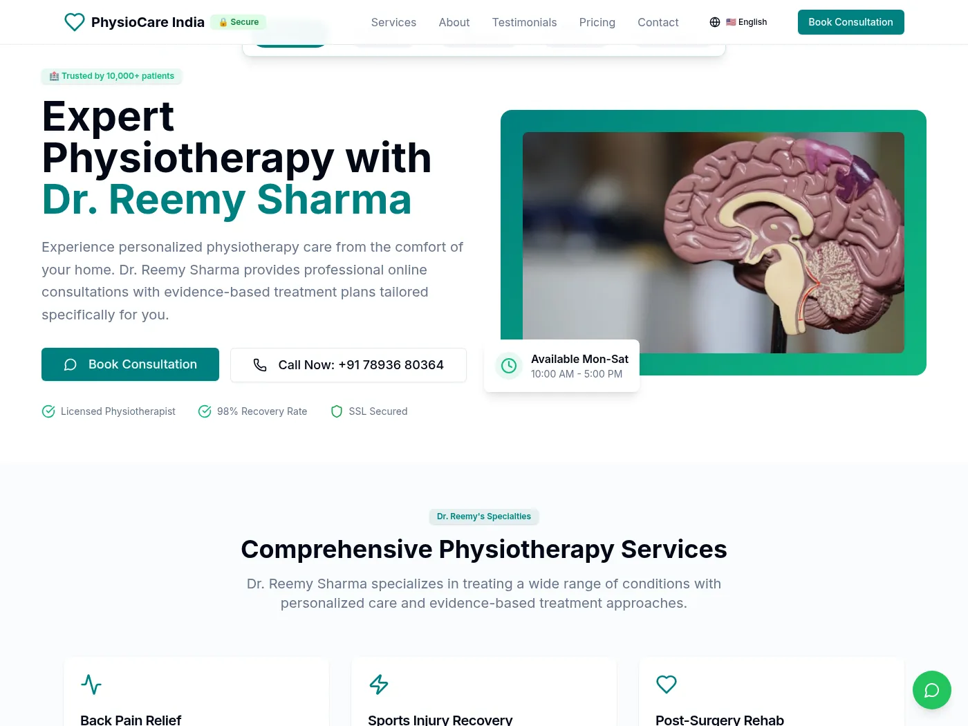 PhysioCare India Online Landing Page