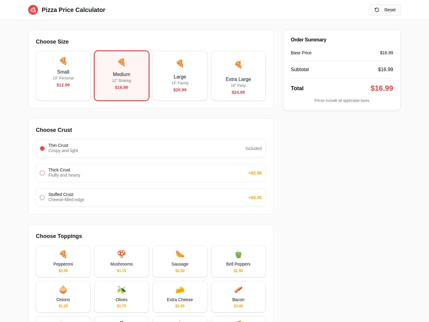 Pizza Price Calculator App